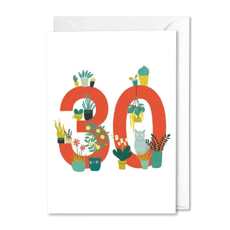 30th Birthday Plants and Cat card - Middle Mouse Shop